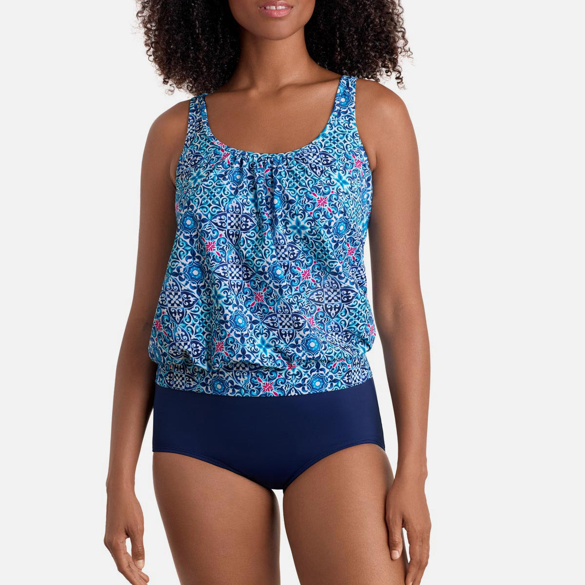 Shape Solver Shirred Neck Blouson Top Grecian Tile – Longitude Swim