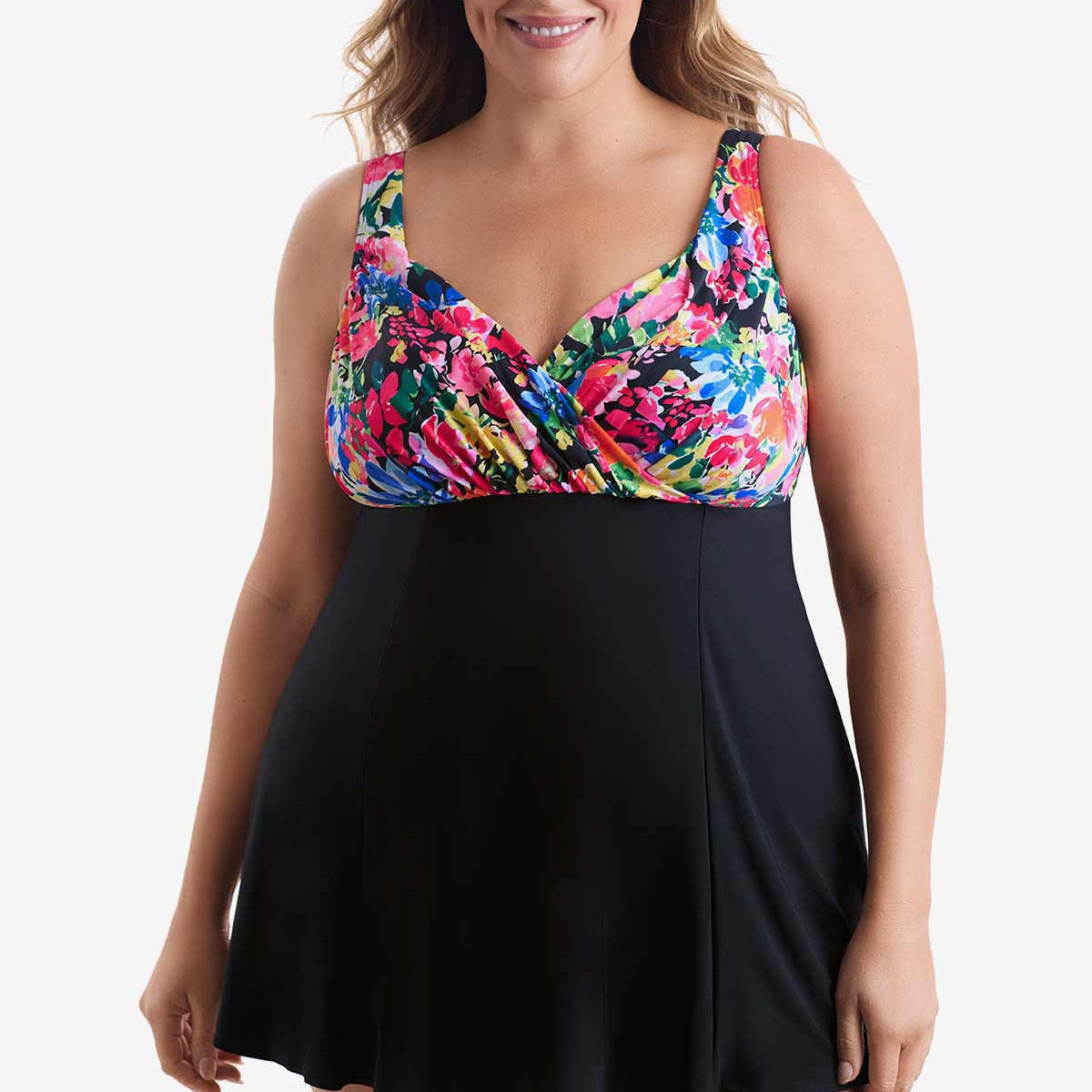 Longitude Plus Size Draped Crossover Long Torso One Piece Swim Dress ...