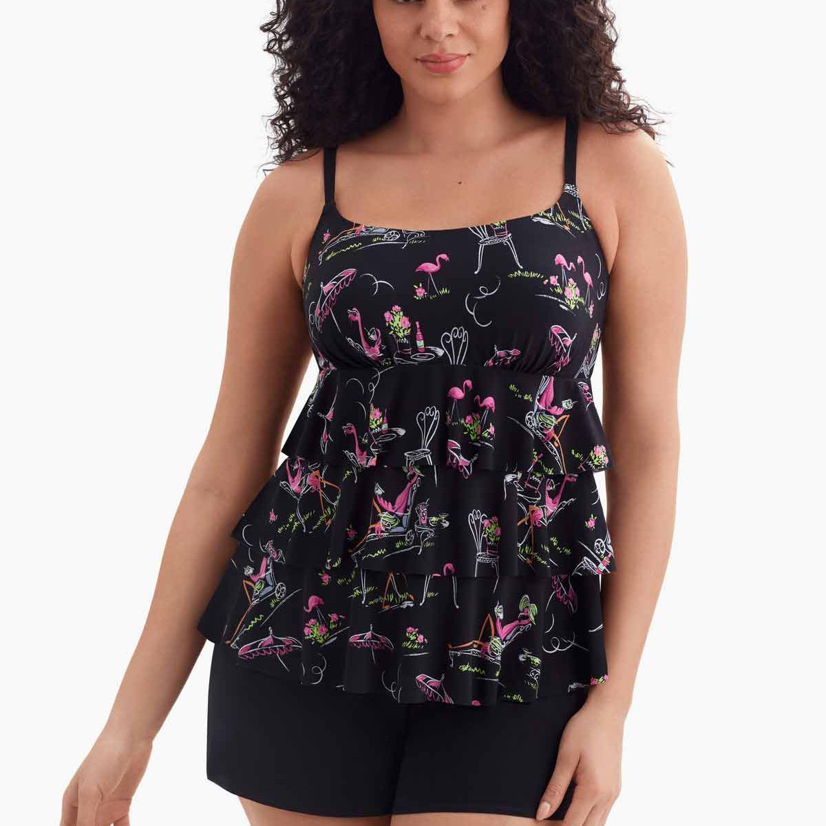 Longitude Ruffle Faux Shortini Long Torso One Piece Swimsuit Flamingo ...