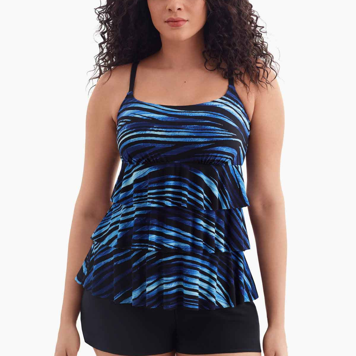 Longitude Ruffle Faux Shortini Long Torso One Piece Swimsuit Flamingo ...