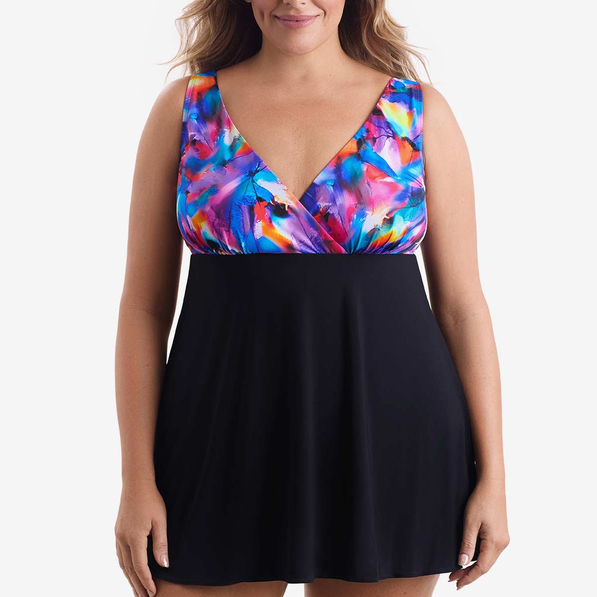 Longitude Plus Size Crossover Plunge Long Torso One Piece Swim Dress ...